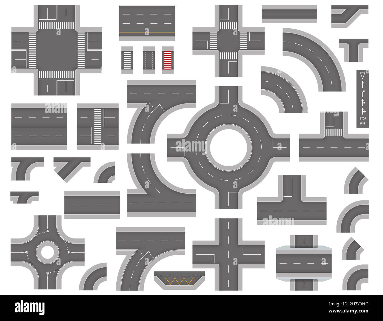 Road constructor top view. Set of road elements with roundabouts ...