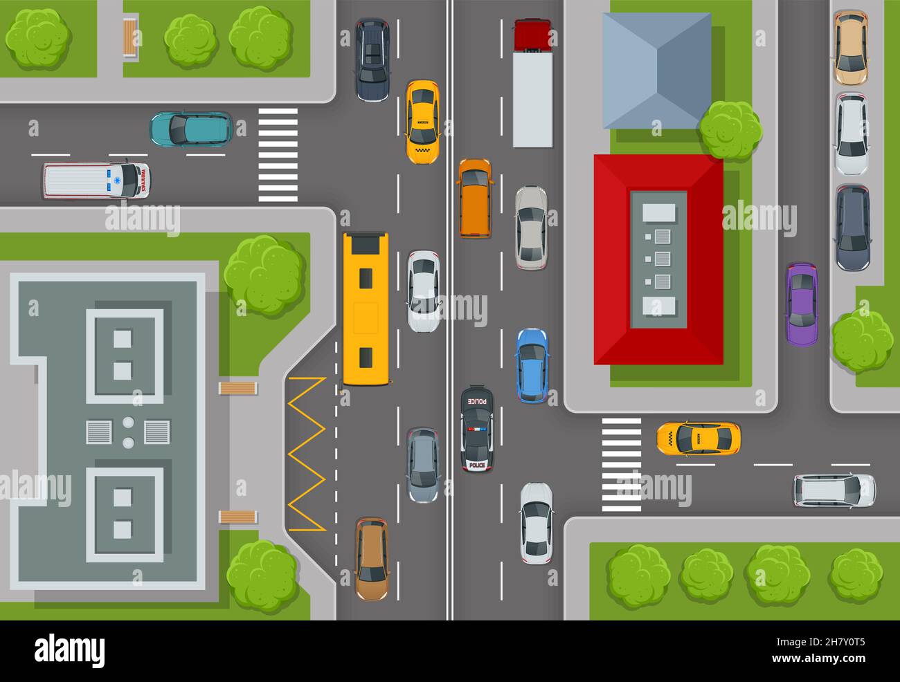 City top view. Cars, roads, houses, streets top view. View town ...