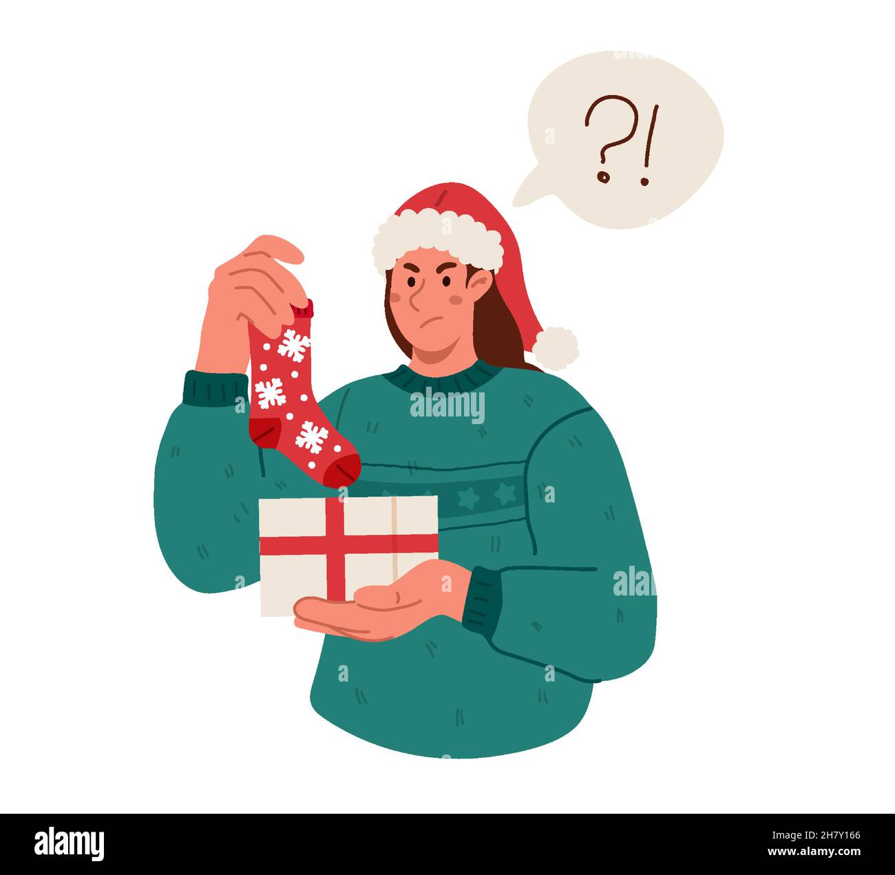 Bad christmas present,disappointed woman with bad gift in hand.Flat ...