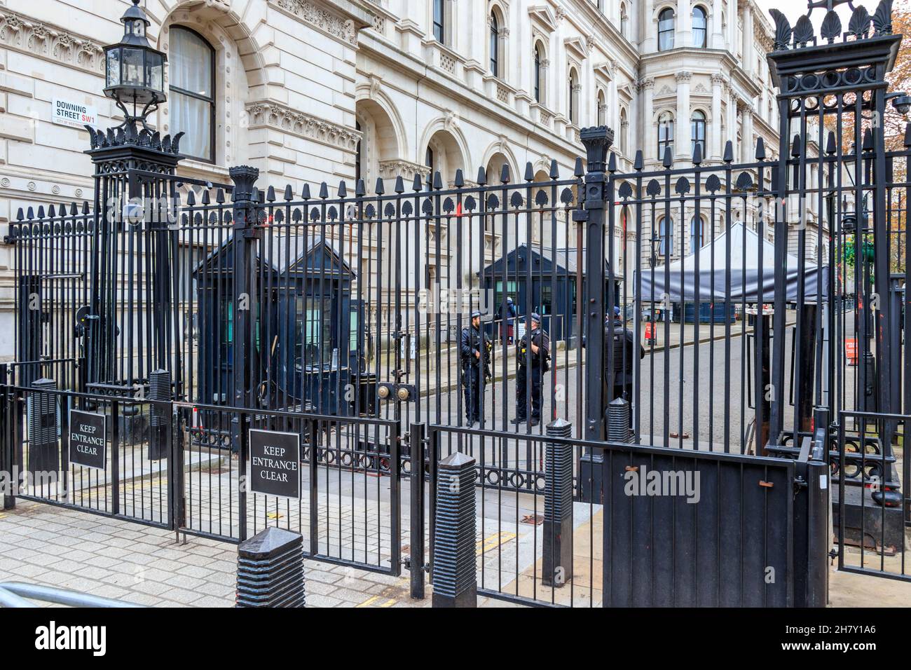 The iron gates at the entrance of Downing Street, Whitehall, London, UK ...