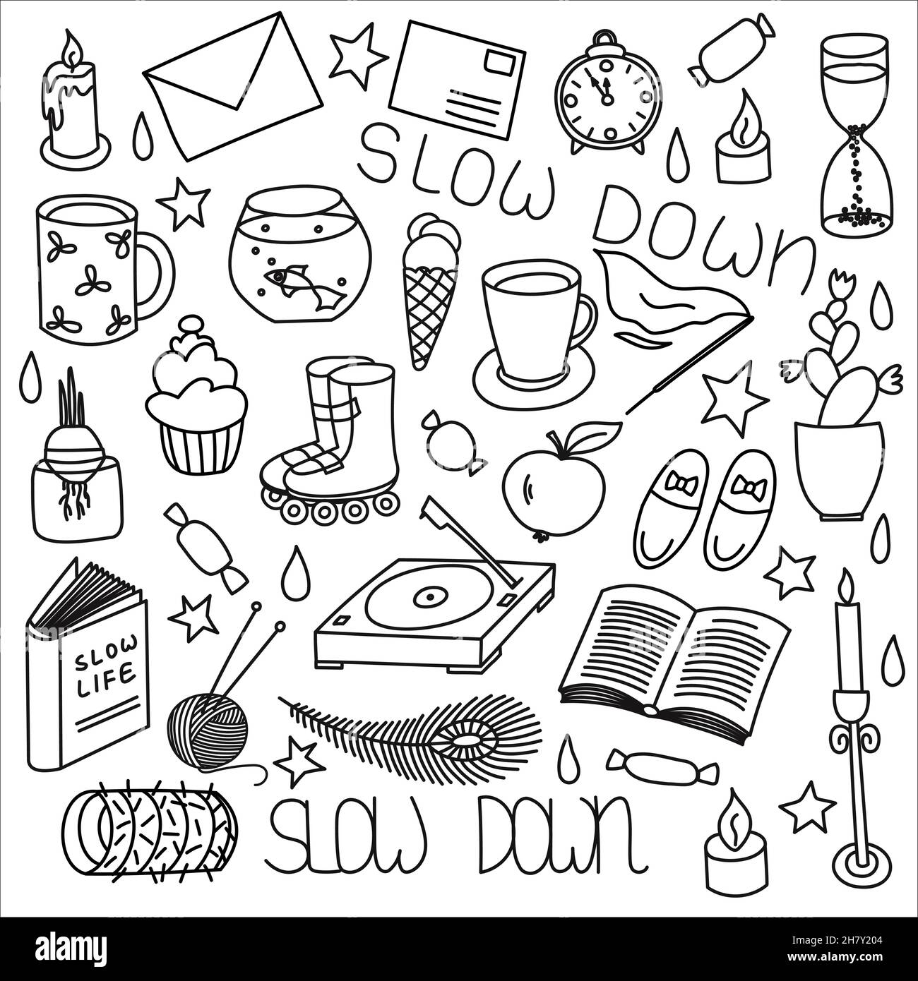 Hand drawn set of slow life doodle elements, slow down symbols Stock ...