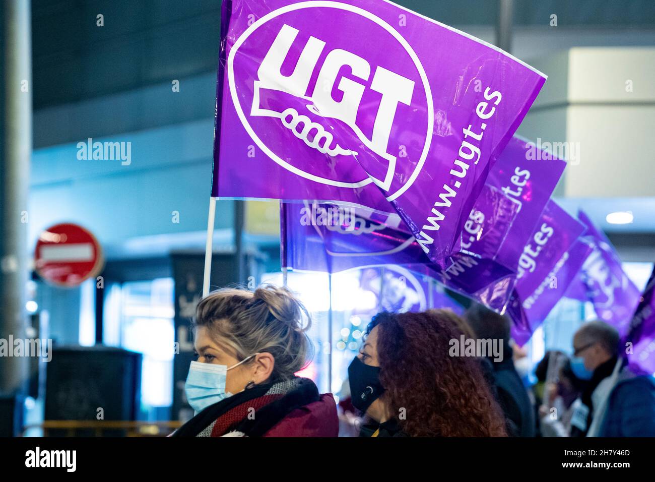 Flags of the UGT Syndicate seen during the protest.People took to the ...
