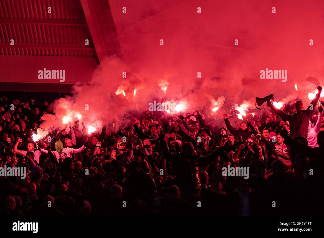LEICESTER, ENGLAND - NOVEMBER 25: Legia Warszawa ultras fans set up ...