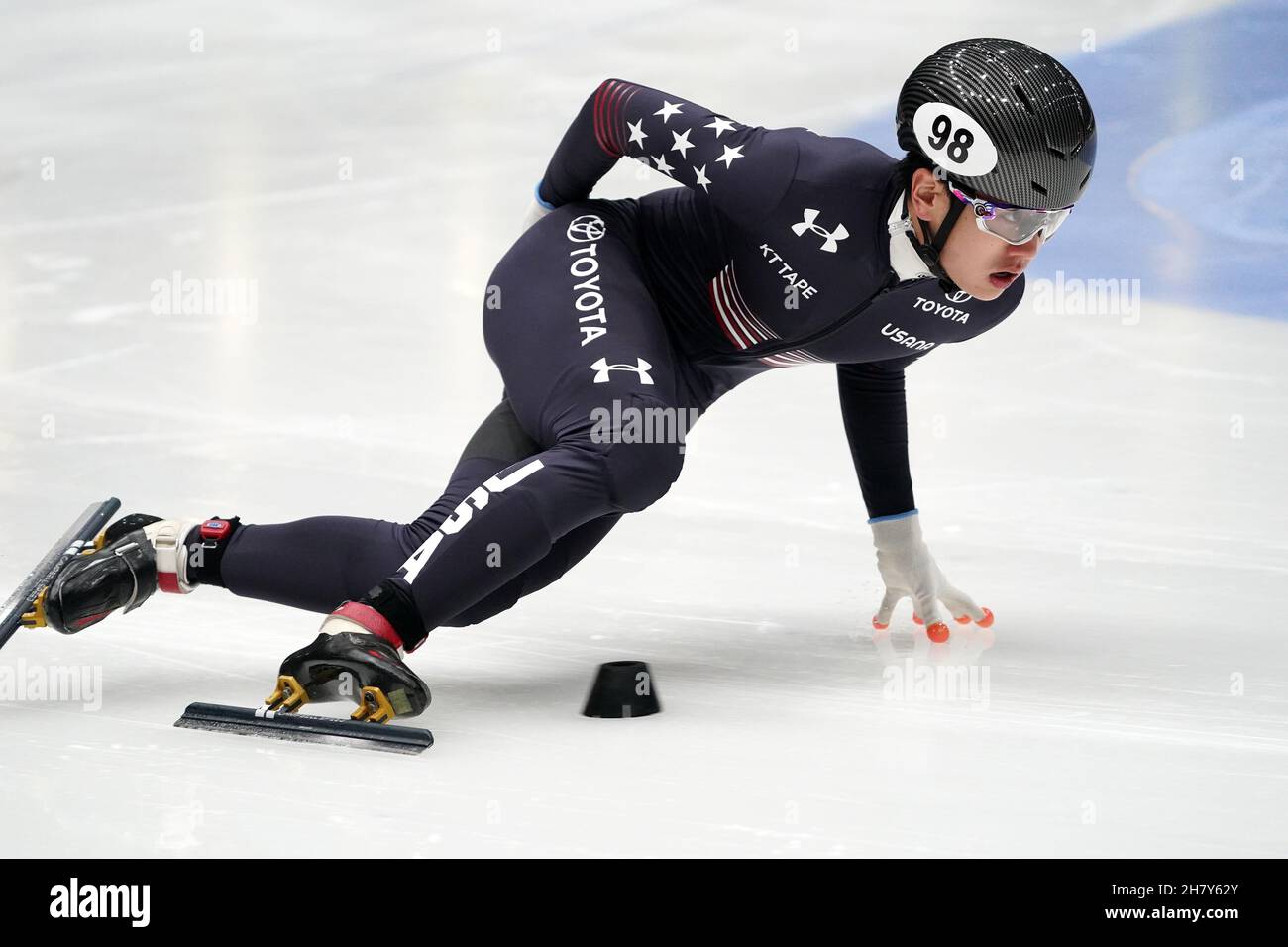 Brandon Kim (USA) in action on 500 meter heats during ISU World Cup ...