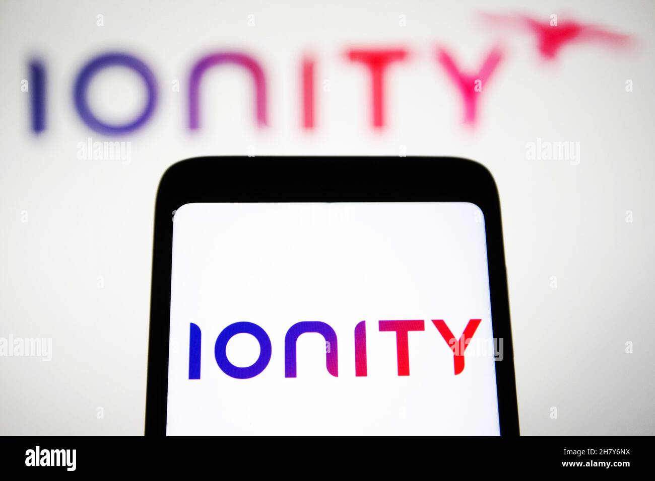 In this photo illustration, the Ionity logo of a a high-power charging ...