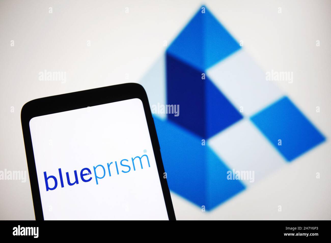 In this photo illustration, a Blue Prism Group plc logo of a software ...