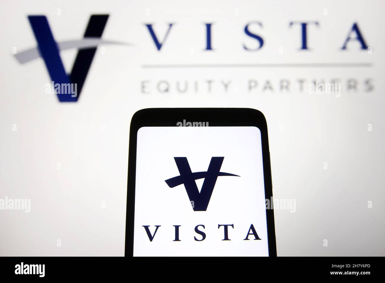 In this photo illustration, a Vista Equity Partners Management LLC logo ...