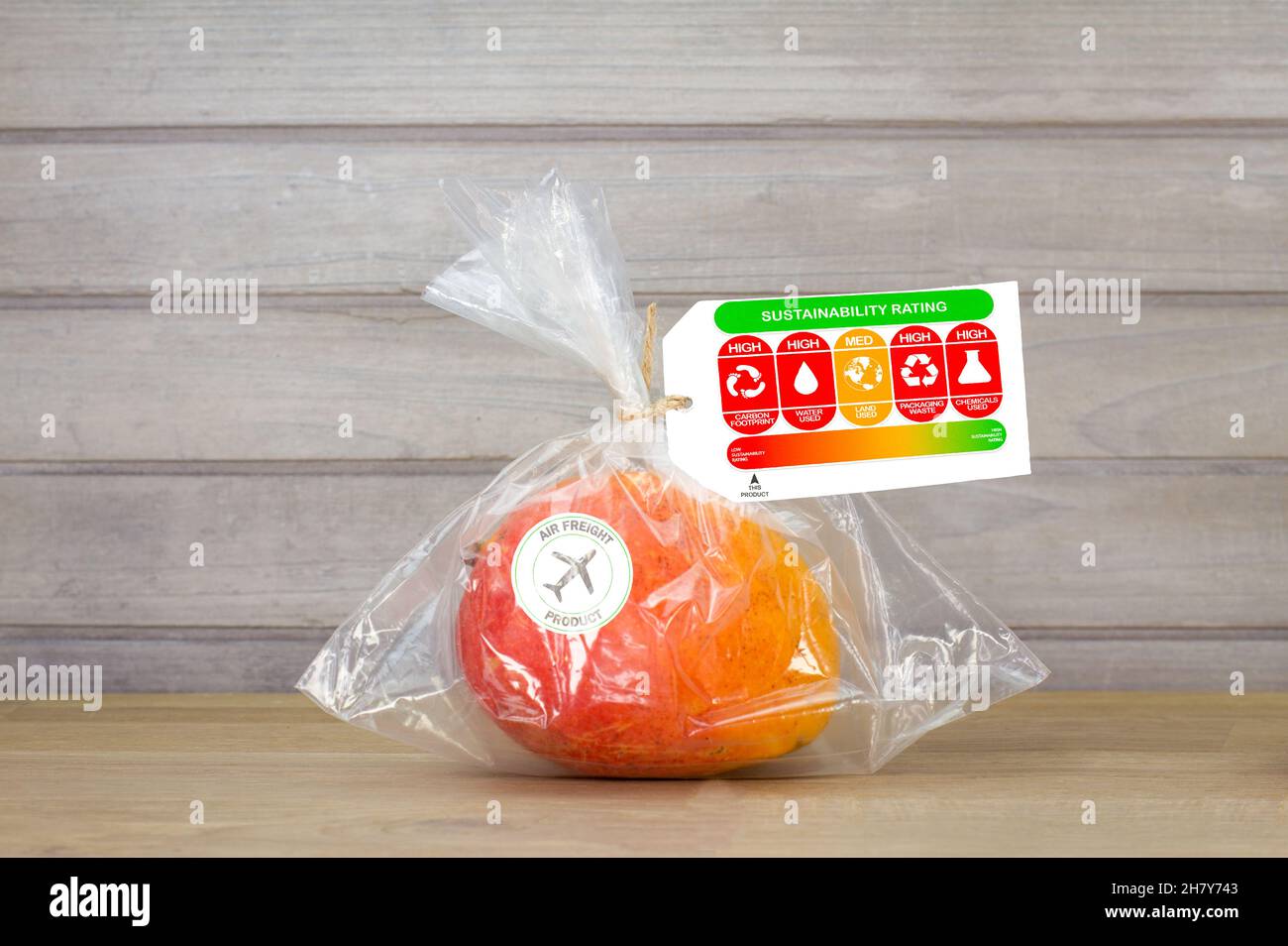 consumer food sustainability label on air freight mango with product ...