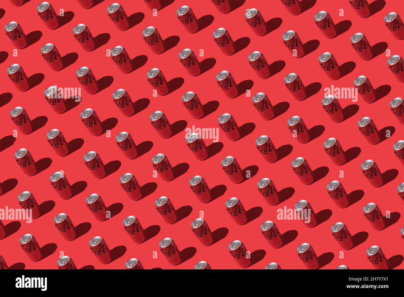 Madrid, Spain - November 26, 2021: Coca cola cans pattern with hard ...