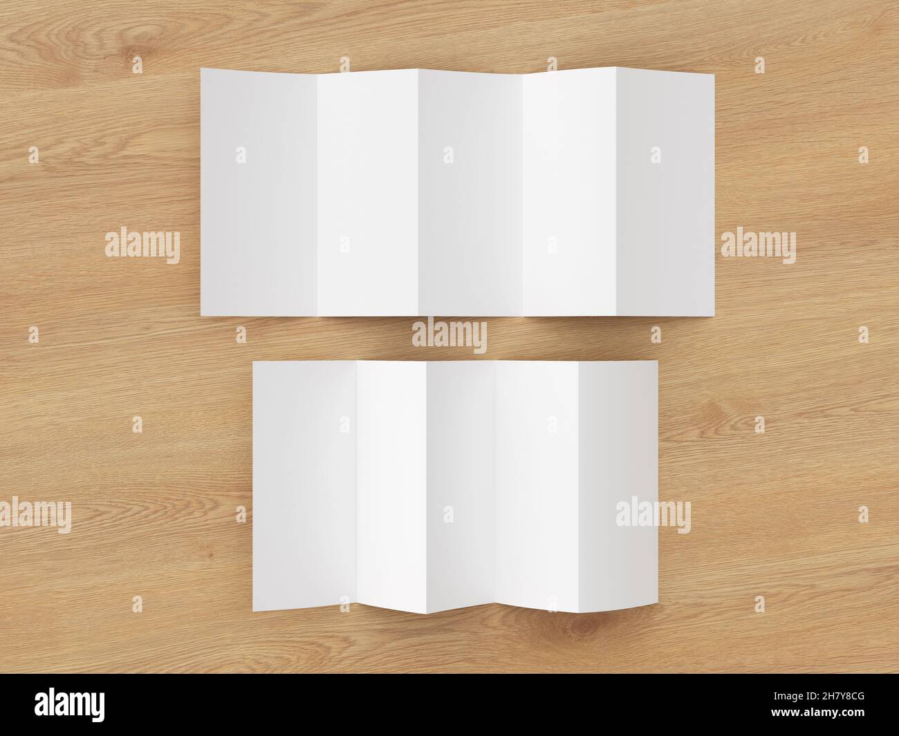 Vertical pages accordion or zigzag fold brochure mock up on wooden ...