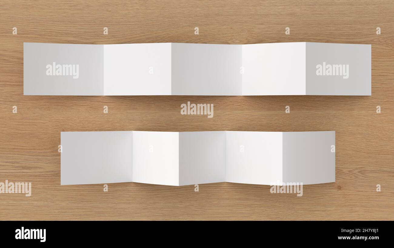 Horizontal pages accordion or zigzag fold brochure mock up on wooden ...