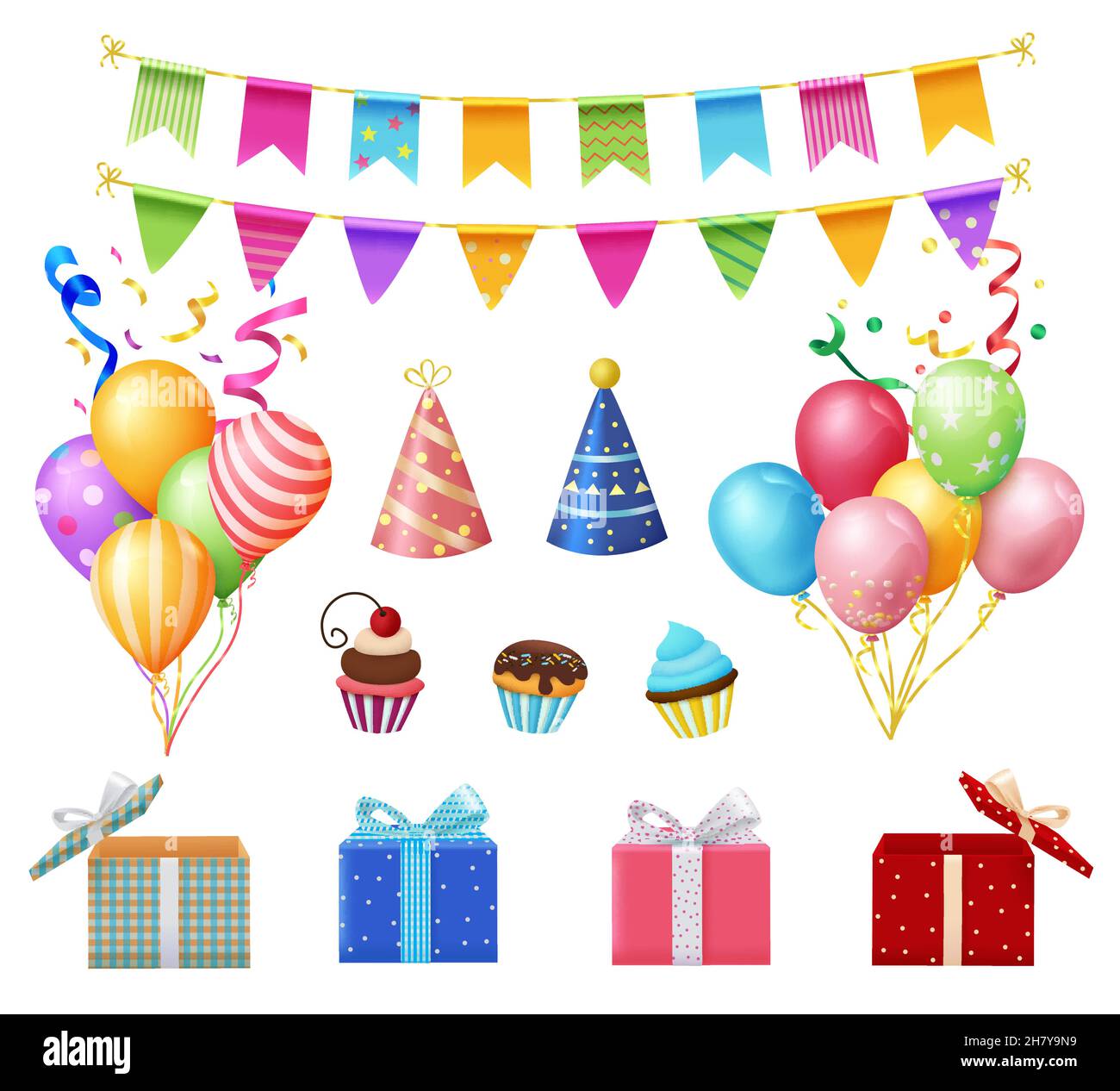 Birthday party elements vector set. Birth day gift boxes, pennants ...