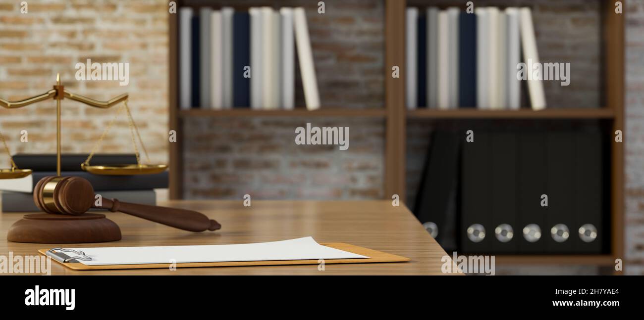 Lawyer office with Judge gavel, scales of justice and clipboard paper ...