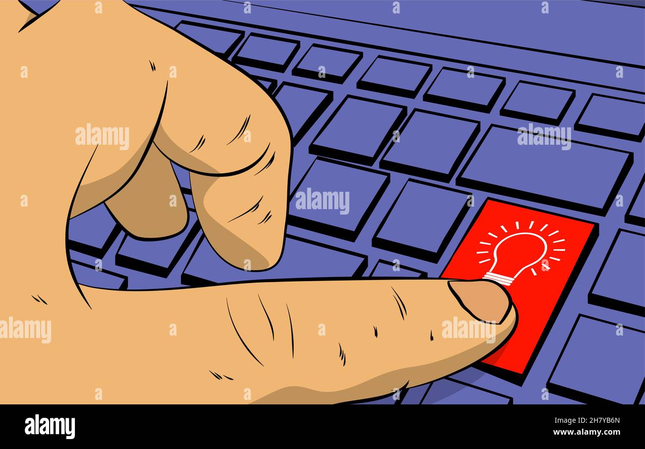 Light Bulb icon on computer keyboard. Man push keypad on laptop. Comic ...