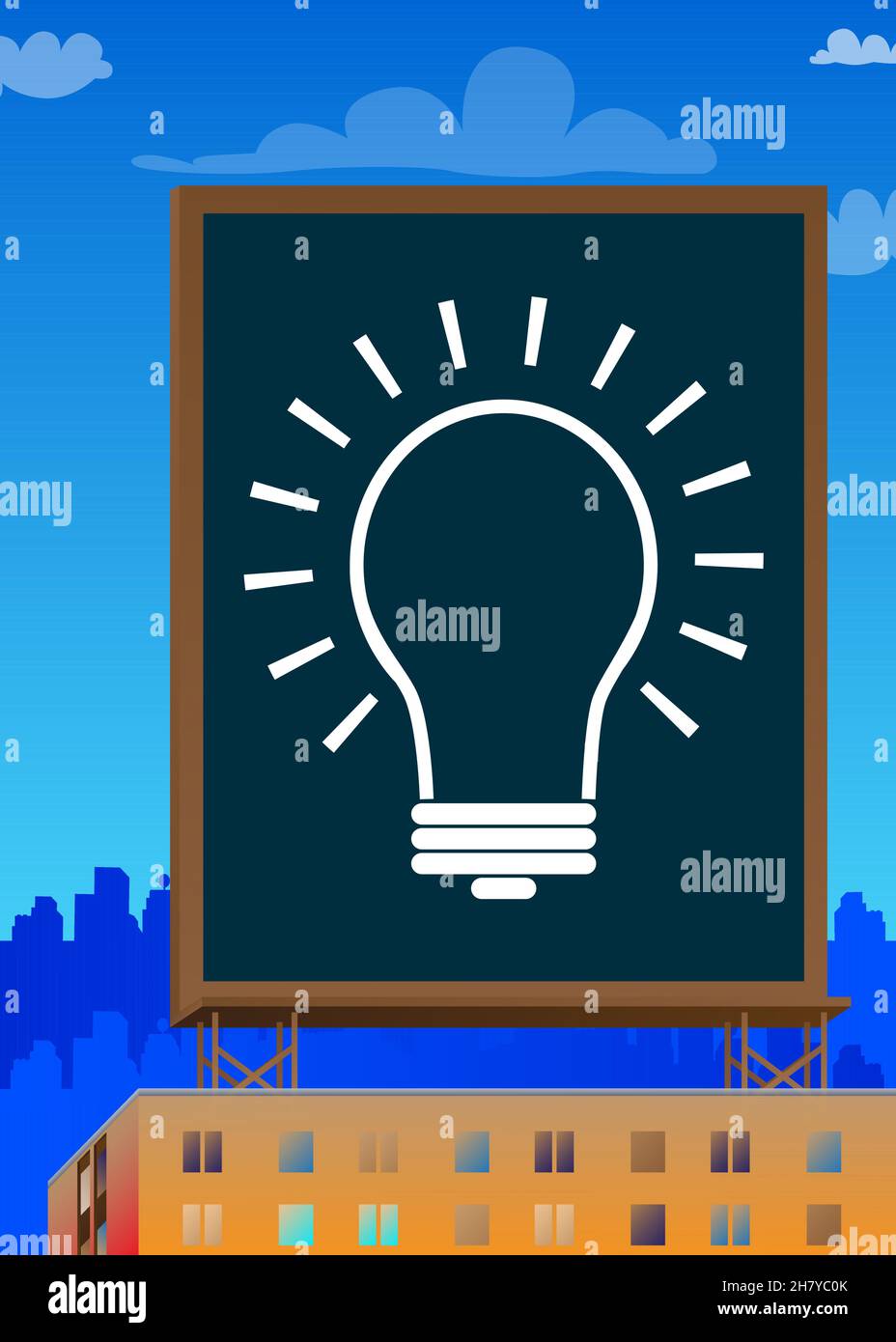 Light Bulb icon on a billboard sign atop a building. Outdoor ...