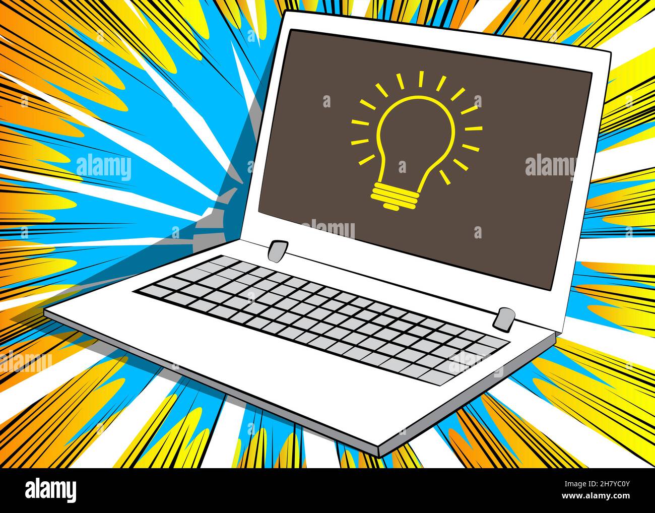 Laptop with Light Bulb icon on the screen. Vector cartoon illustration ...