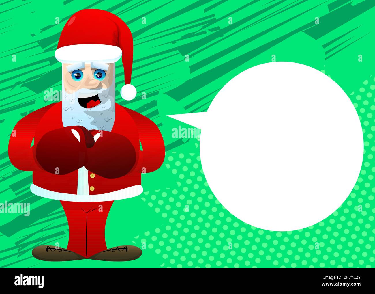 Santa Claus in his red clothes with white beard holding his fists in ...