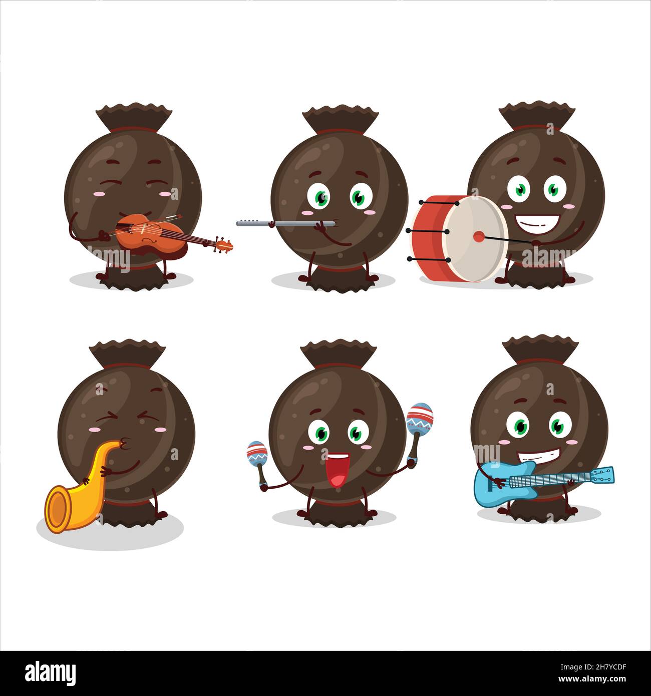 Cartoon character of chocolate candy wrap playing some musical ...