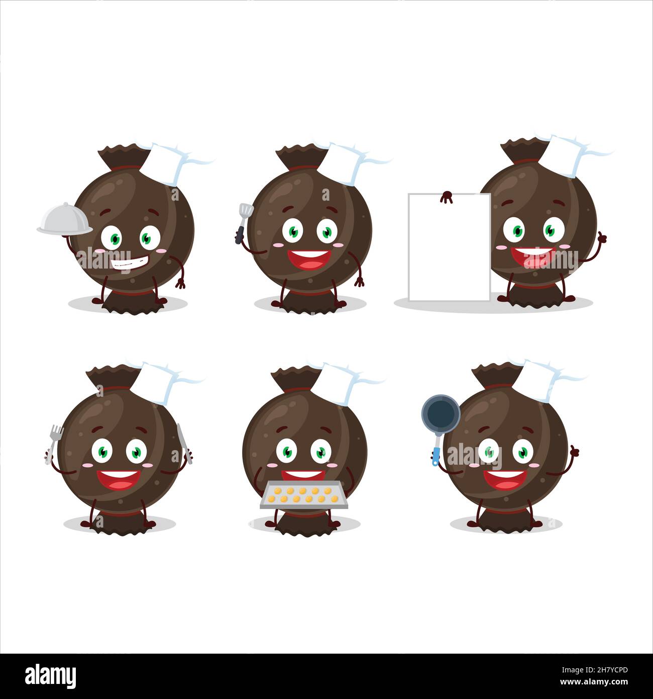Cartoon character of chocolate candy wrap with various chef emoticons ...