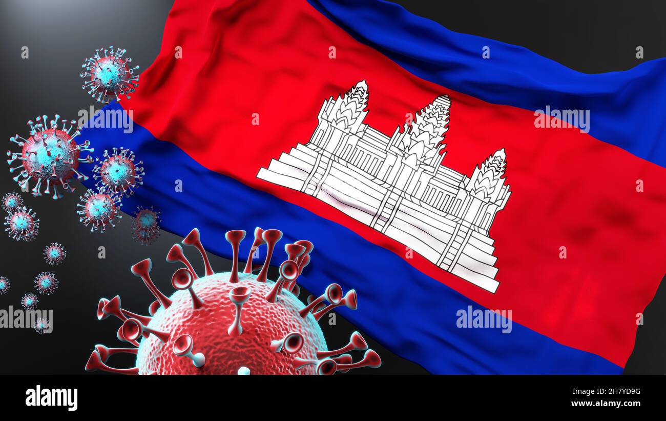Cambodia and the covid pandemic - corona virus attacking national flag ...