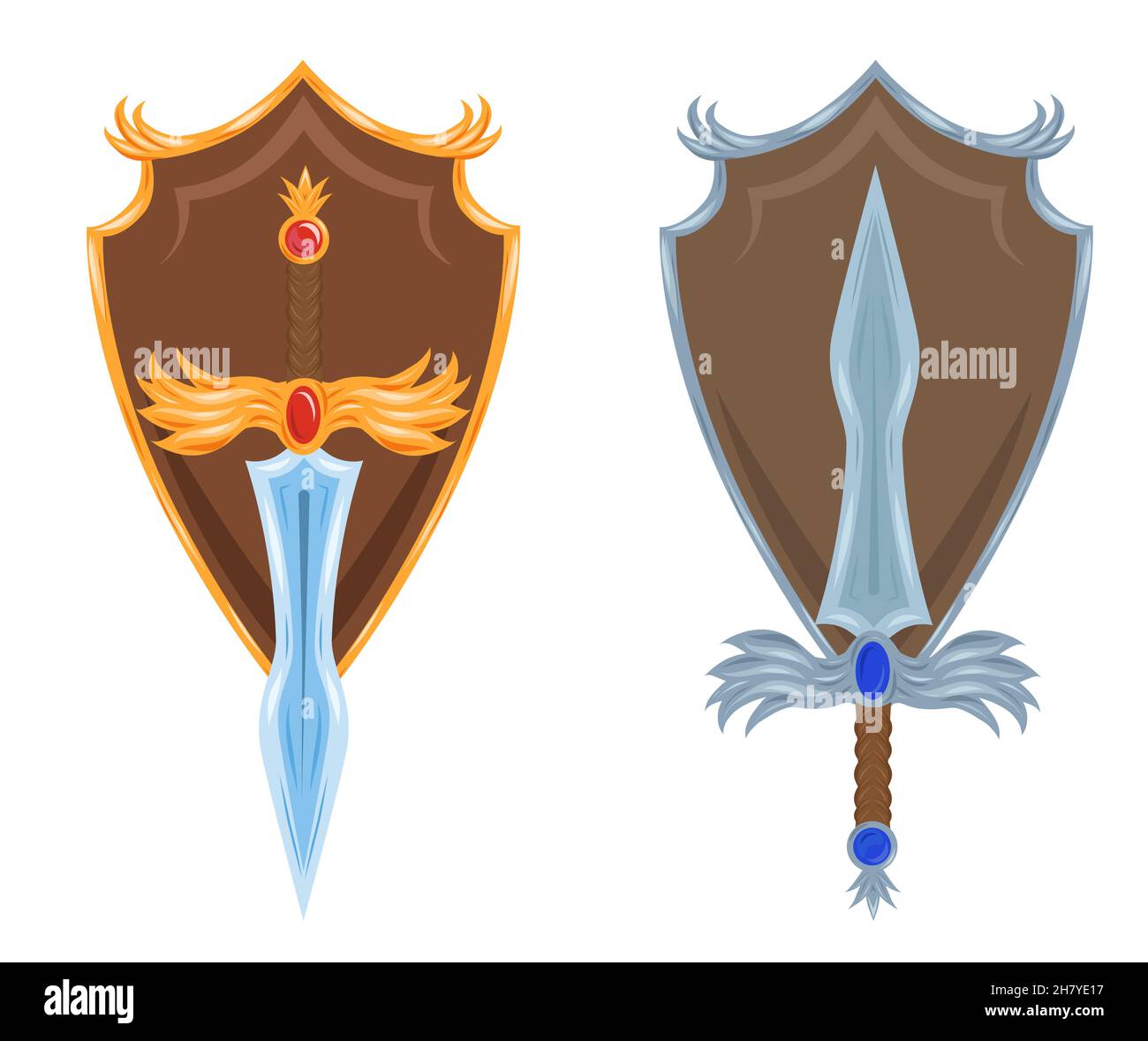 Set of cartoon swords and shields with a coat of arms. Protection and ...