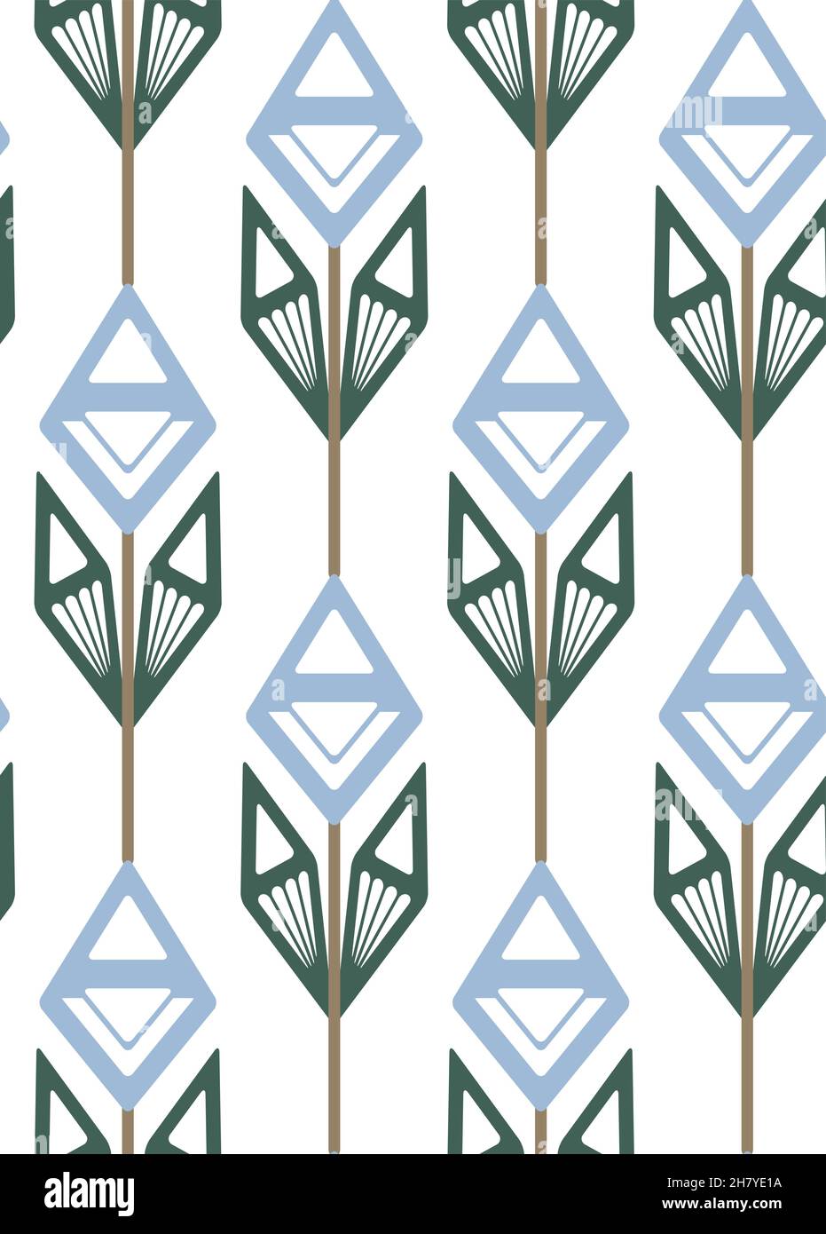 Seamless retro pattern with blue geometric flowers in a row on a white ...