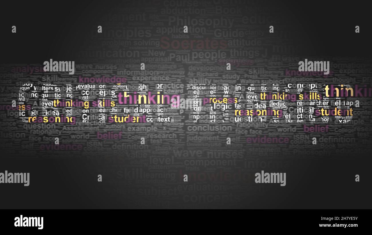 Critical thinking - essential terms related to it arranged in a 2-color ...