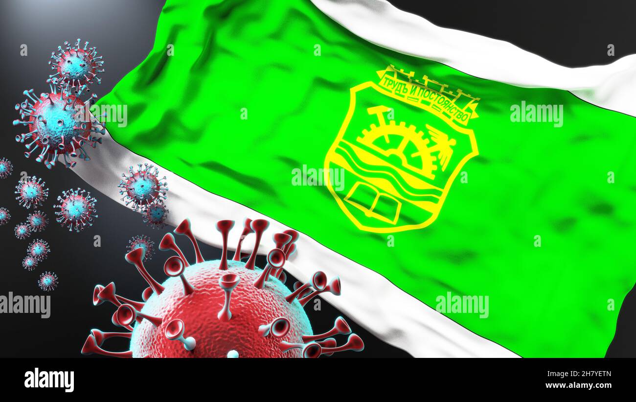 BG Gabrovo and covid pandemic - virus attacking a city flag of BG ...