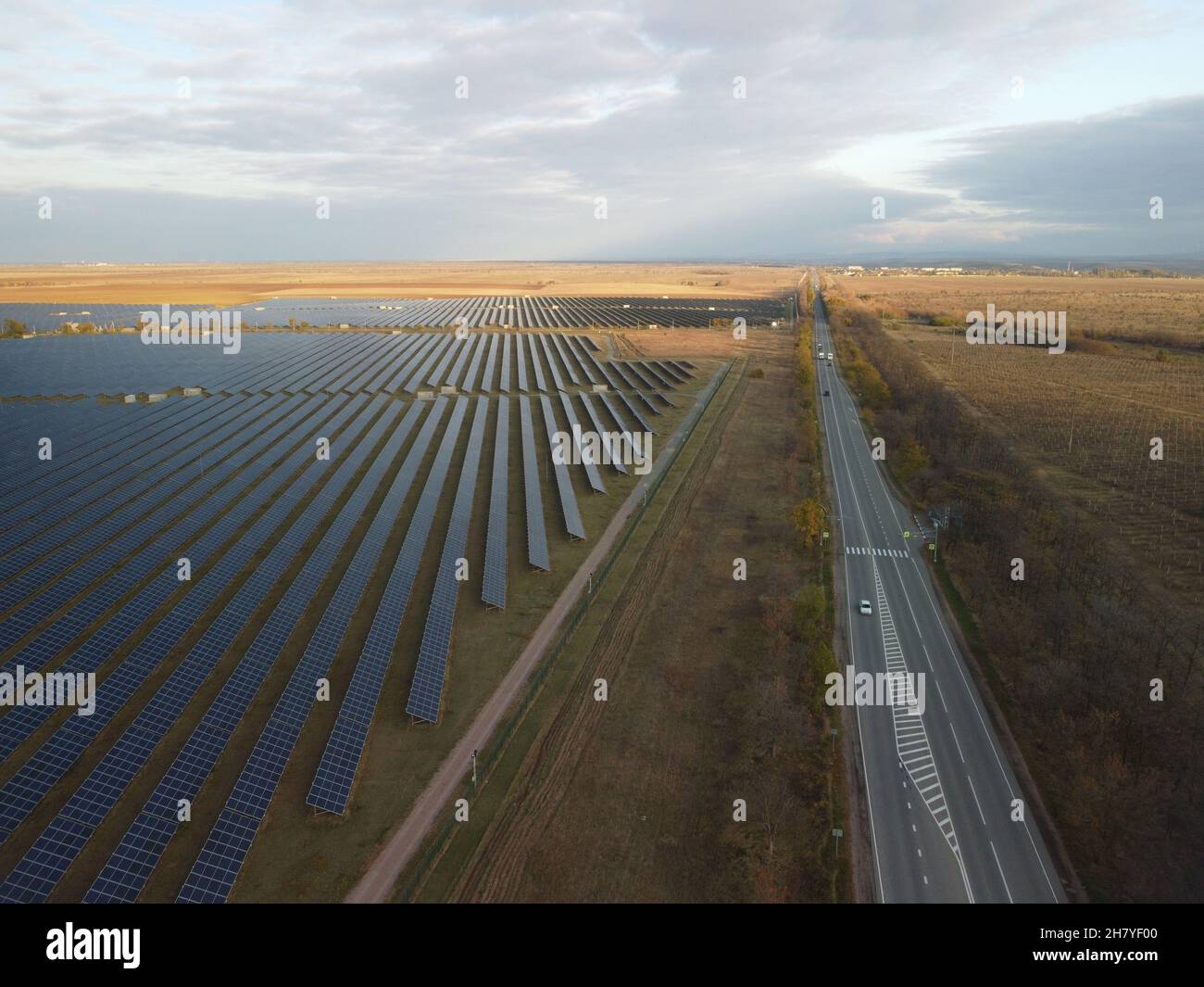 Aerial top view of a solar panels power plant. Photovoltaic solar ...