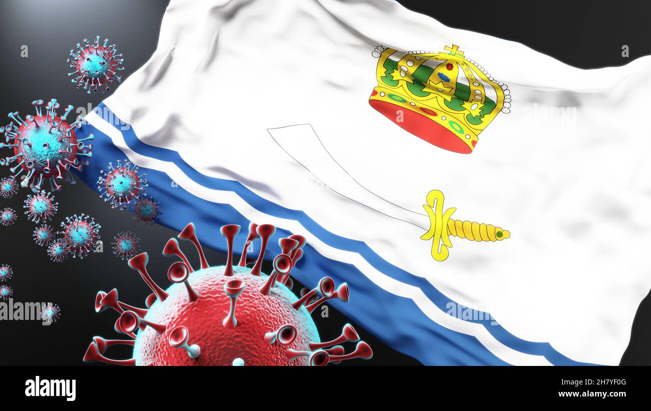 Astrakhan and covid pandemic - virus attacking a city flag of Astrakhan ...