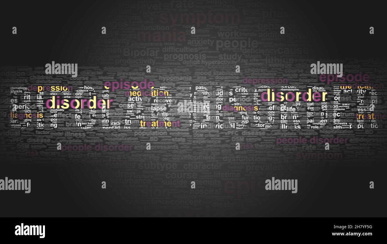 Bipolar disorder - essential terms related to it arranged in a 2-color ...