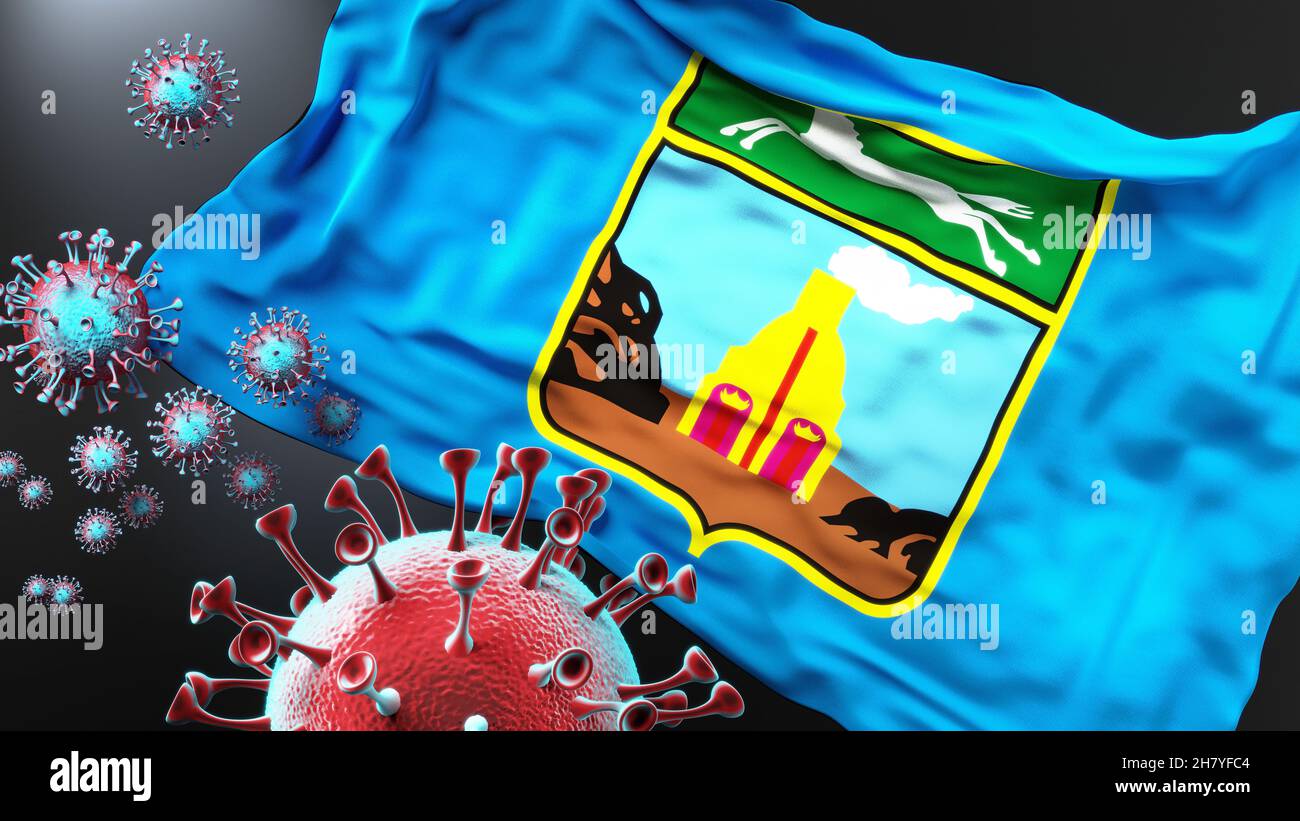 Barnaul and covid pandemic - virus attacking a city flag of Barnaul as ...