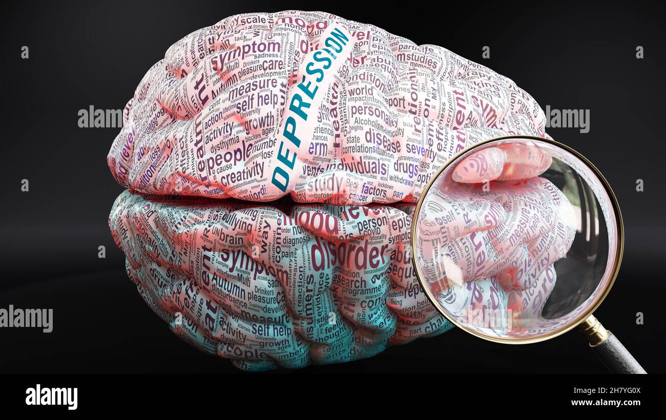 Depression in human brain, a concept showing hundreds of crucial words ...