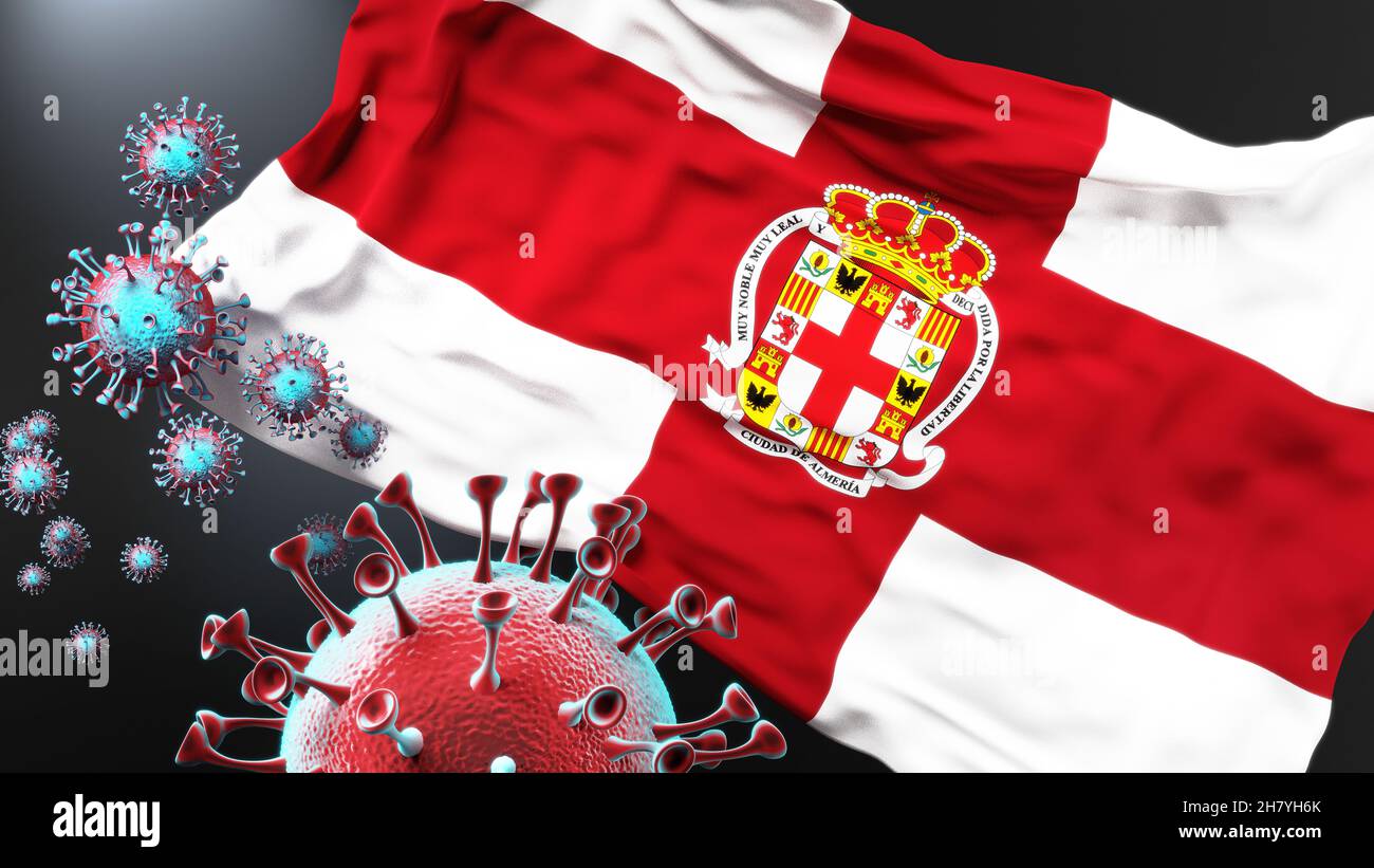 Almeria and covid pandemic - virus attacking a city flag of Almeria as ...