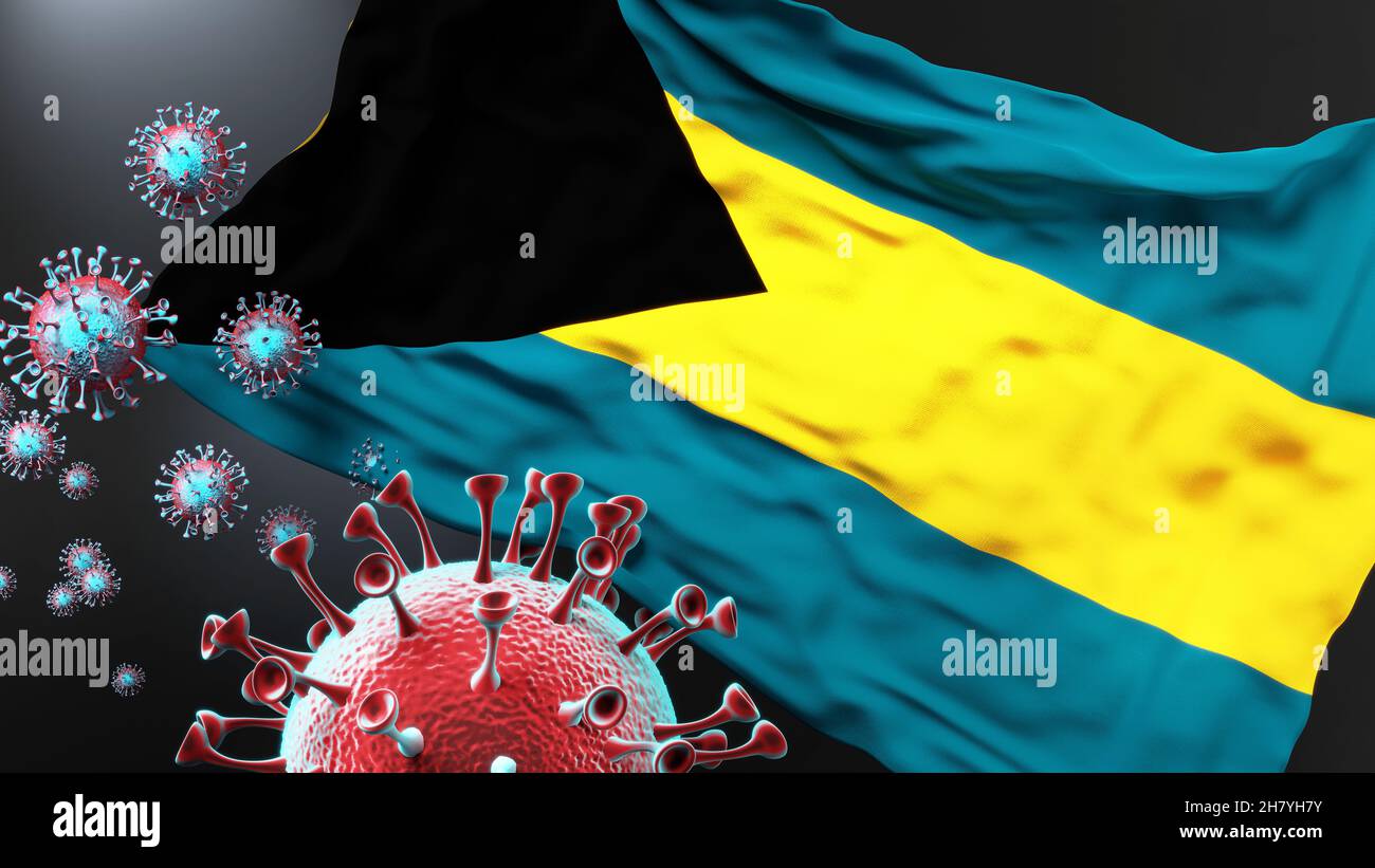Bahamas and the covid pandemic - corona virus attacking national flag ...