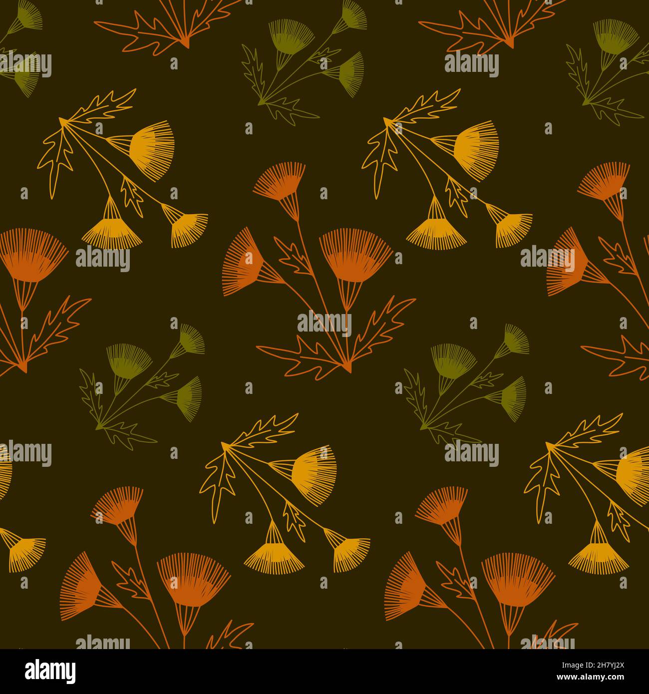 Organic pattern yellow orange flower on dark seamless pattern, textile ...
