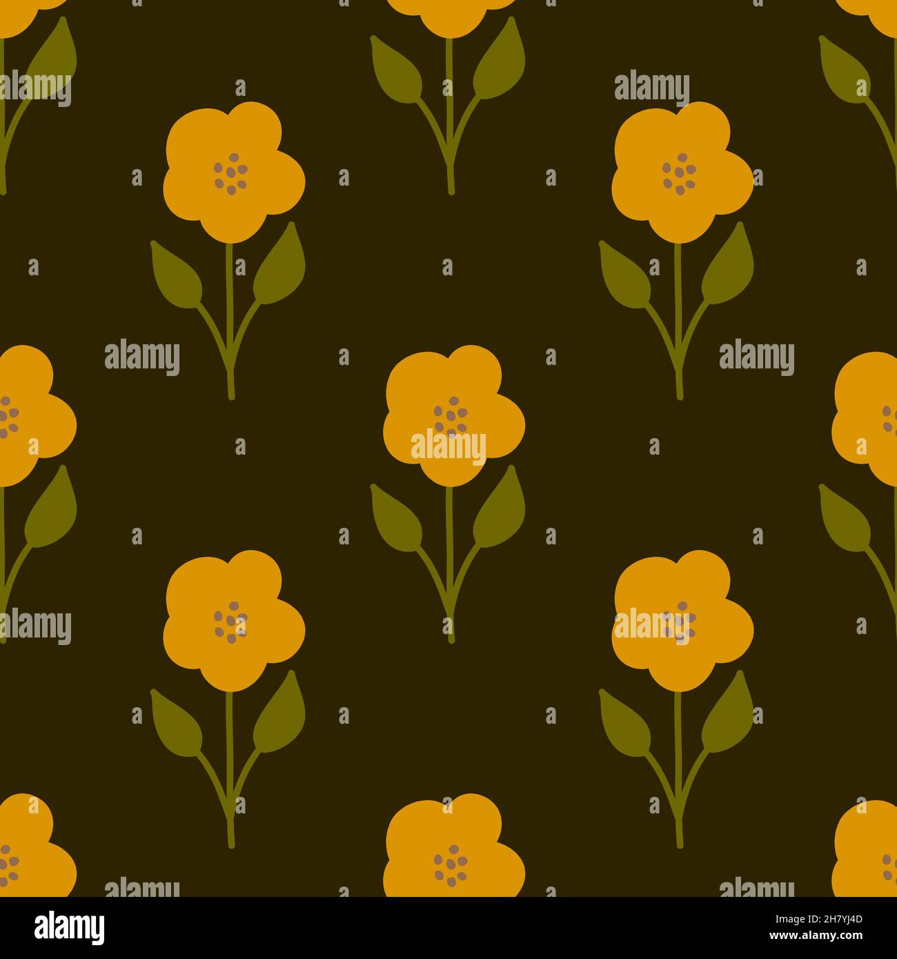 Seamless pattern yellow flower flat simple hand drawn on dark ...