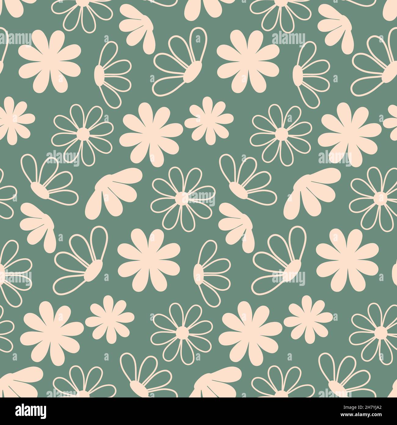 Silhouette of delicate pink flower on marsh green seamless pattern ...