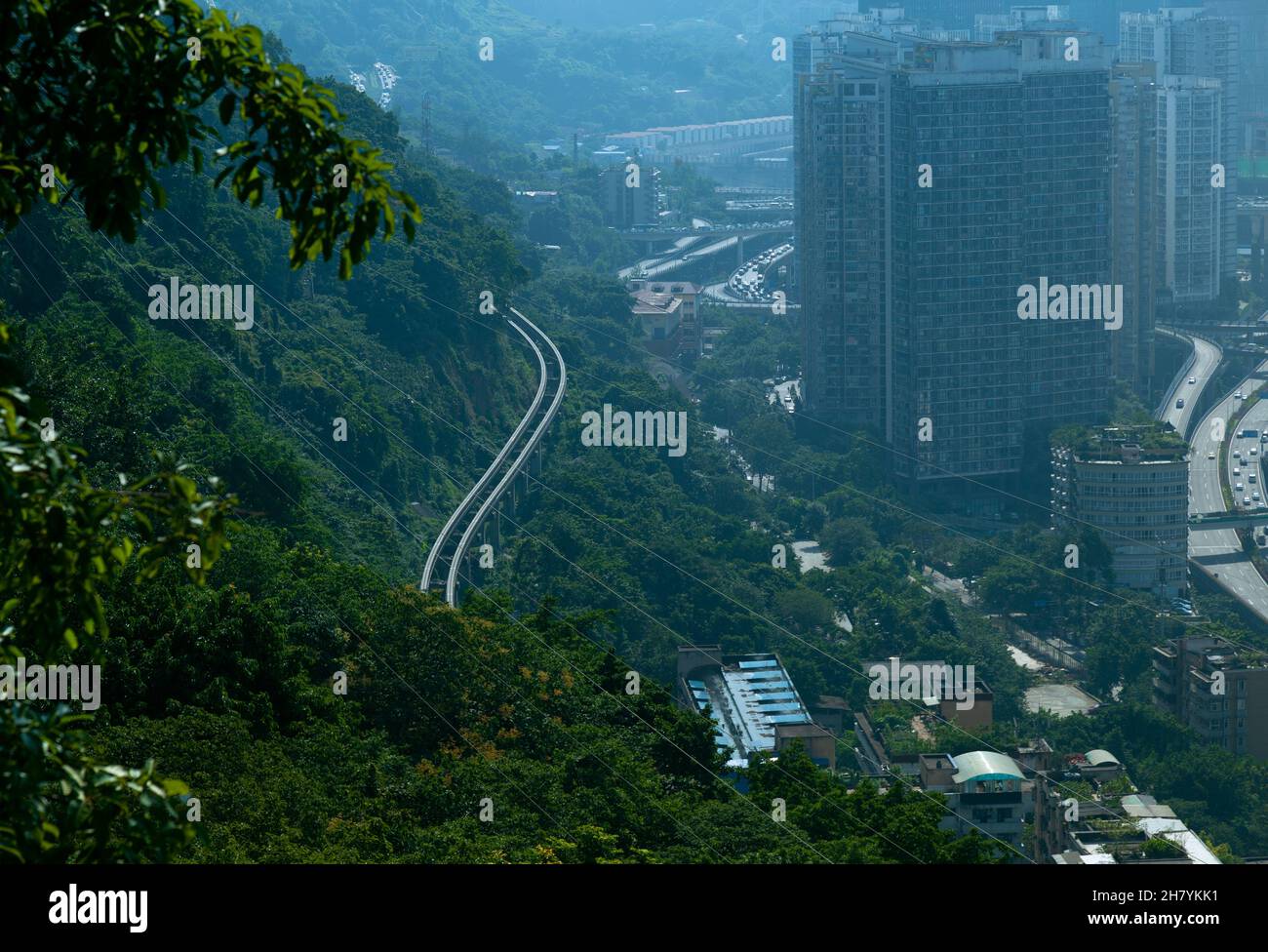 At Goose Ridge Park, a distant view of the rail line and high-rise ...