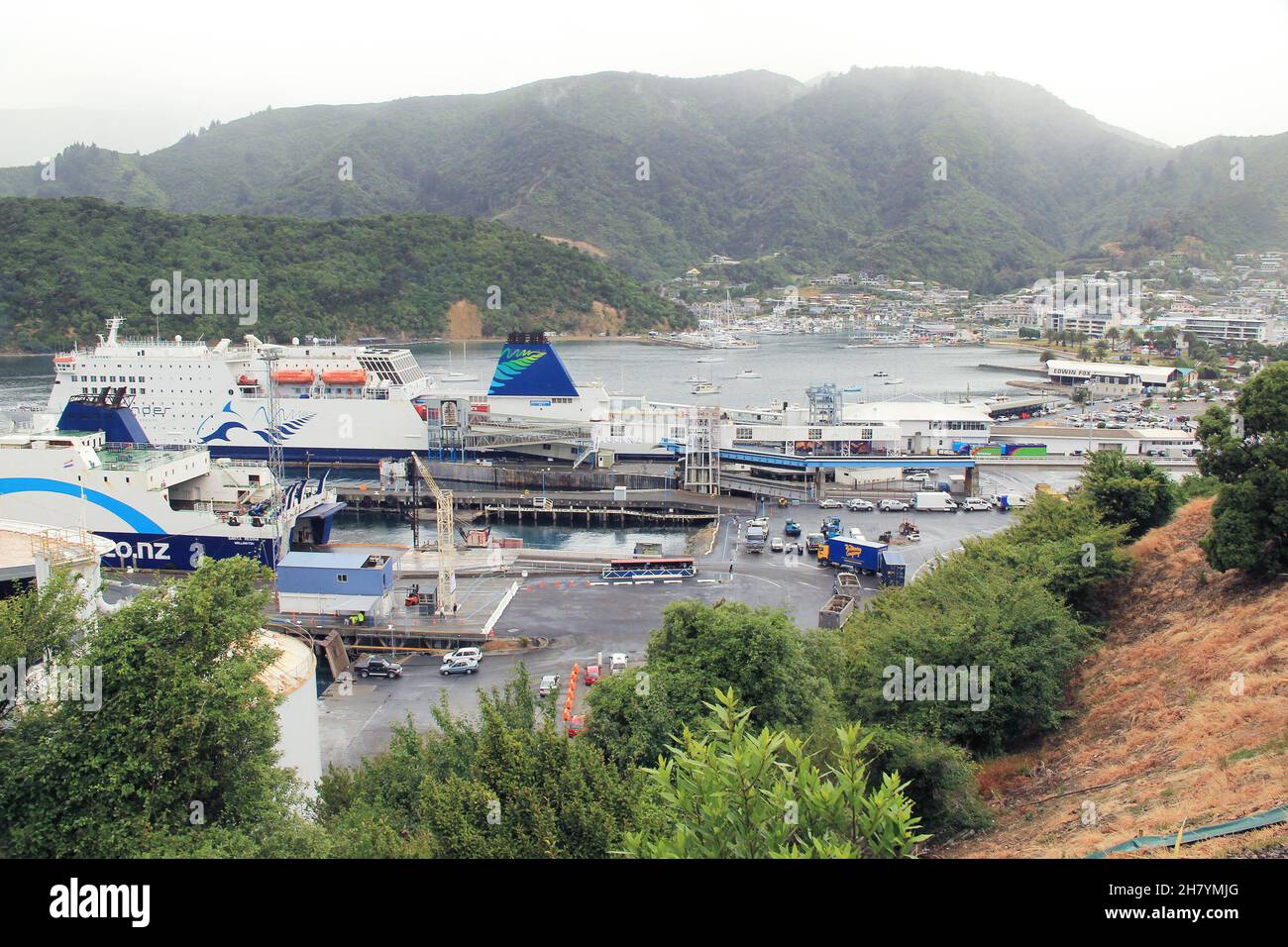 Picton Port in the Marlborough Sounds viewed from Queen Charlotte Drive ...