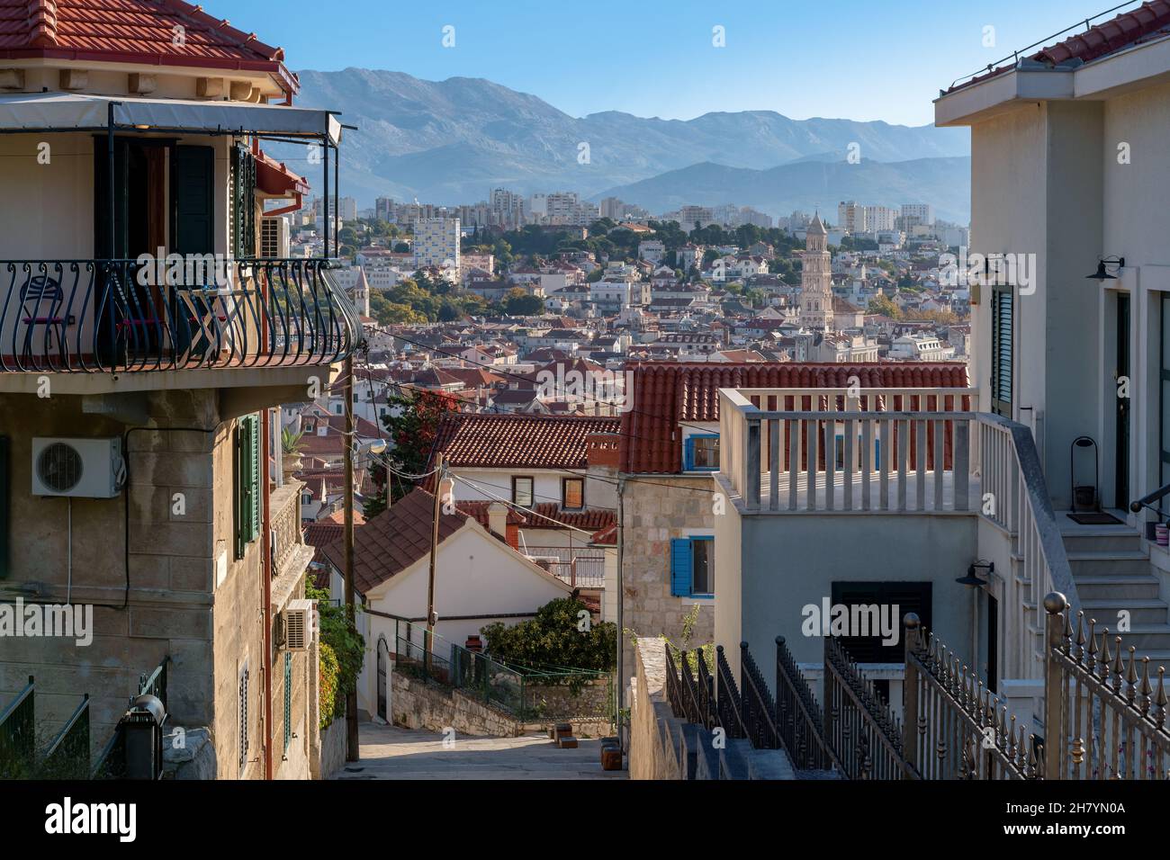 Beautiful view of Old Town Split from old cozy street in Split ...