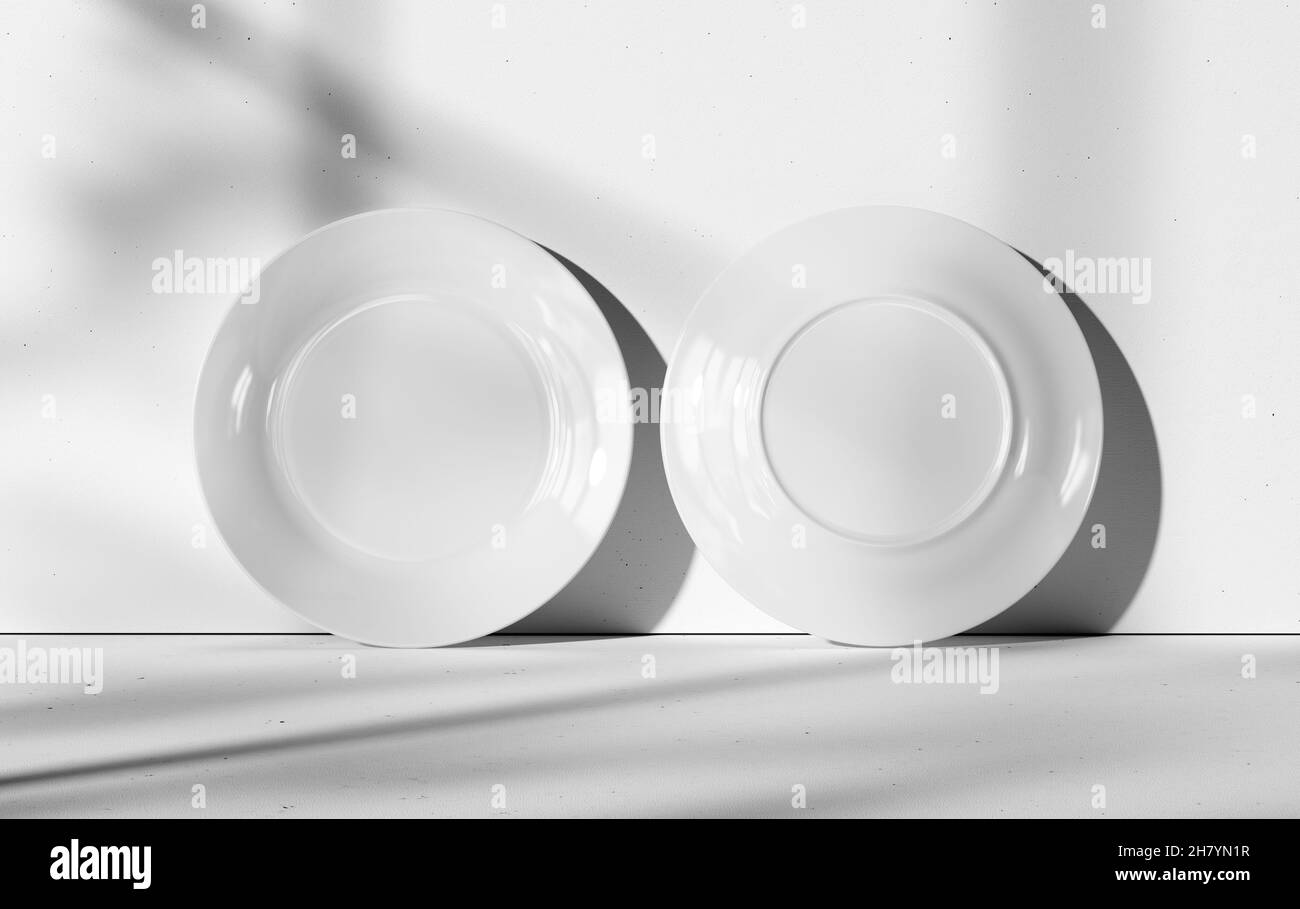 White plate template, front, back view, 2 dish 3D rendering with ...