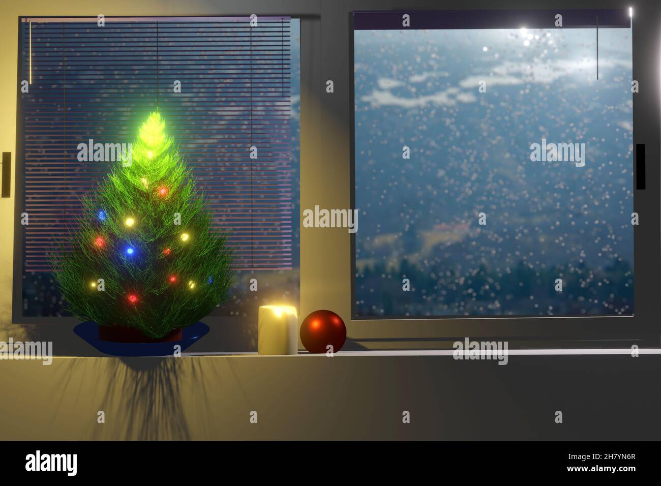 Window with Christmas tree. Greeting card design Stock Photo - Alamy
