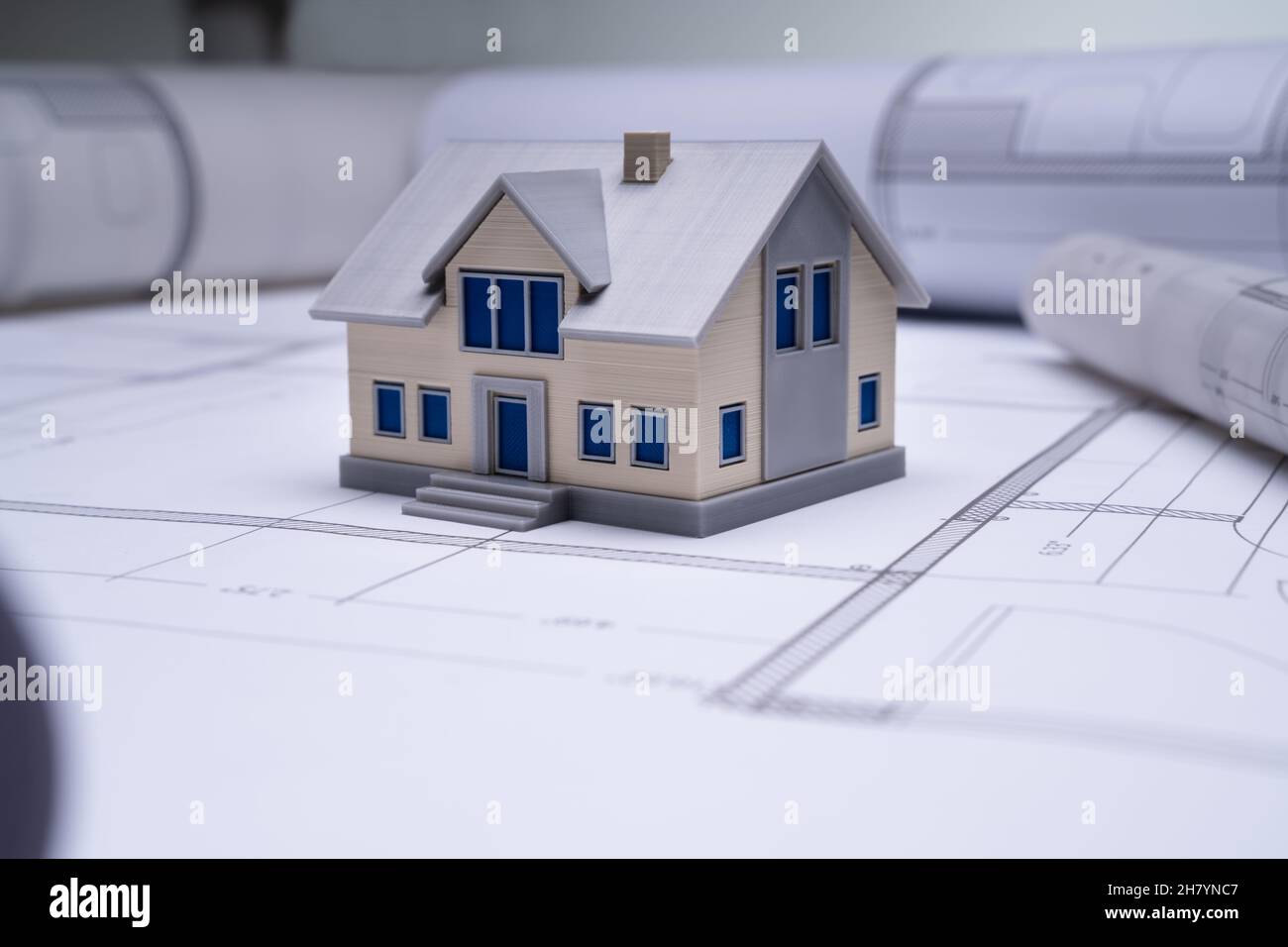 Real Estate House Construction Model And Building Plans Stock Photo - Alamy