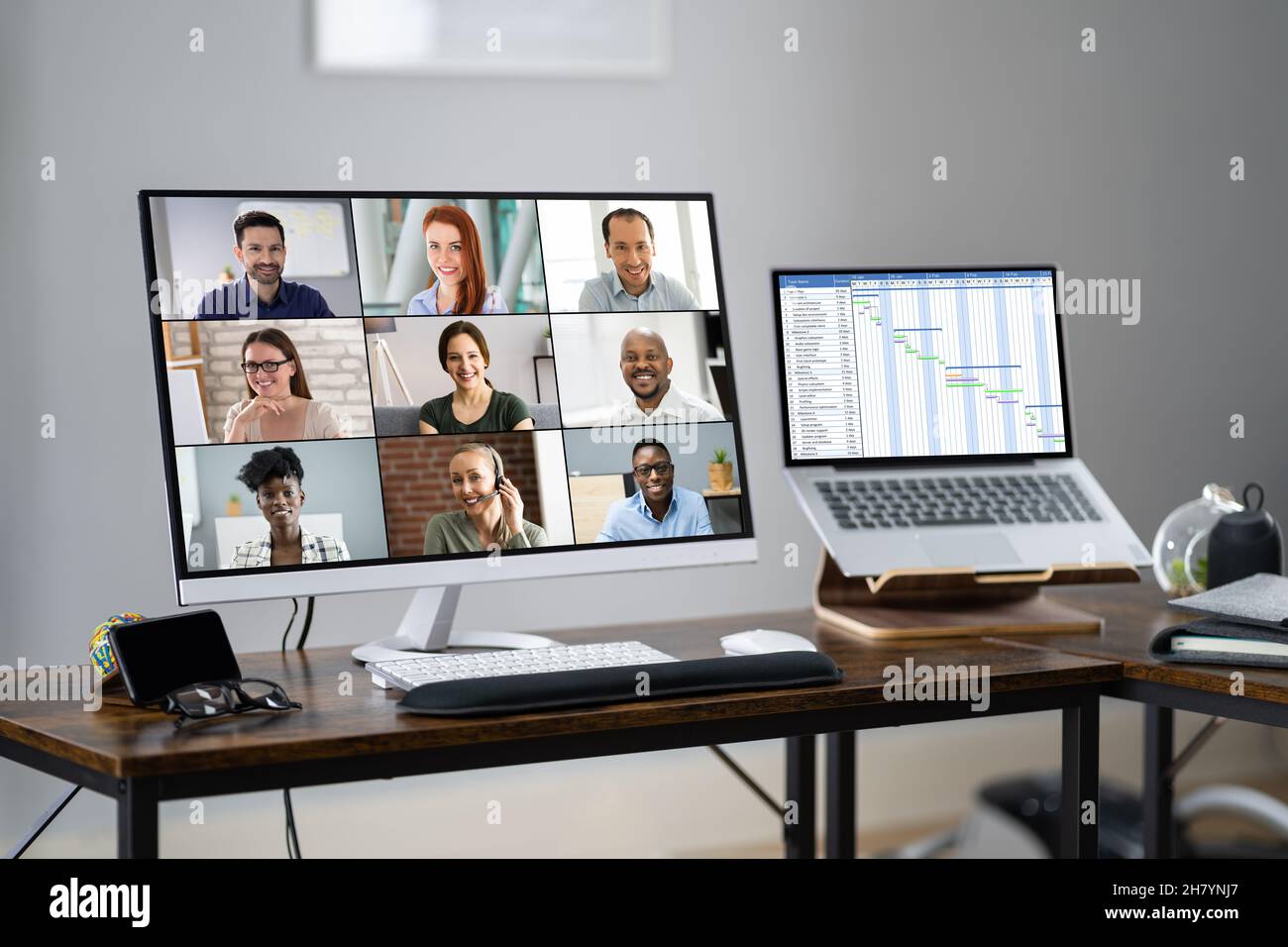 Online Video Conference Virtual Meeting On Multiple Screens Stock Photo ...
