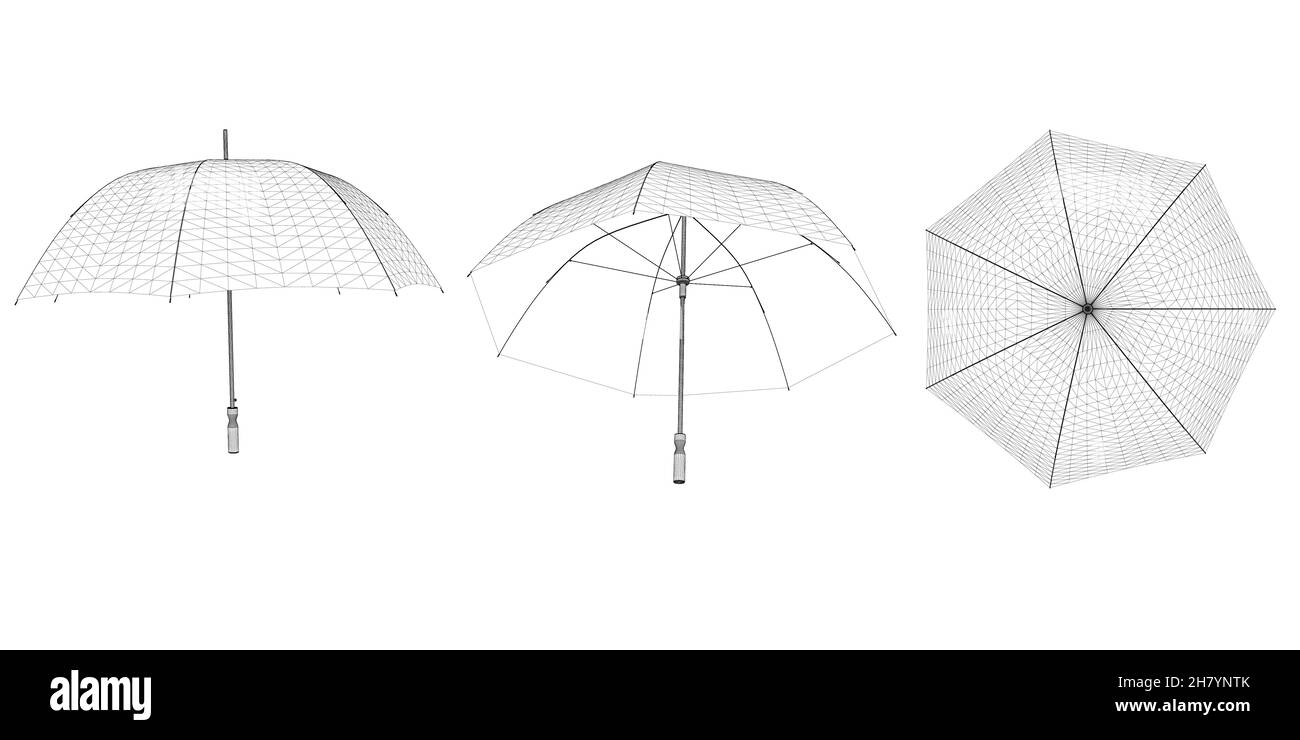 Set with umbrella wireframes from black lines isolated on white background. Top, side, bottom ...