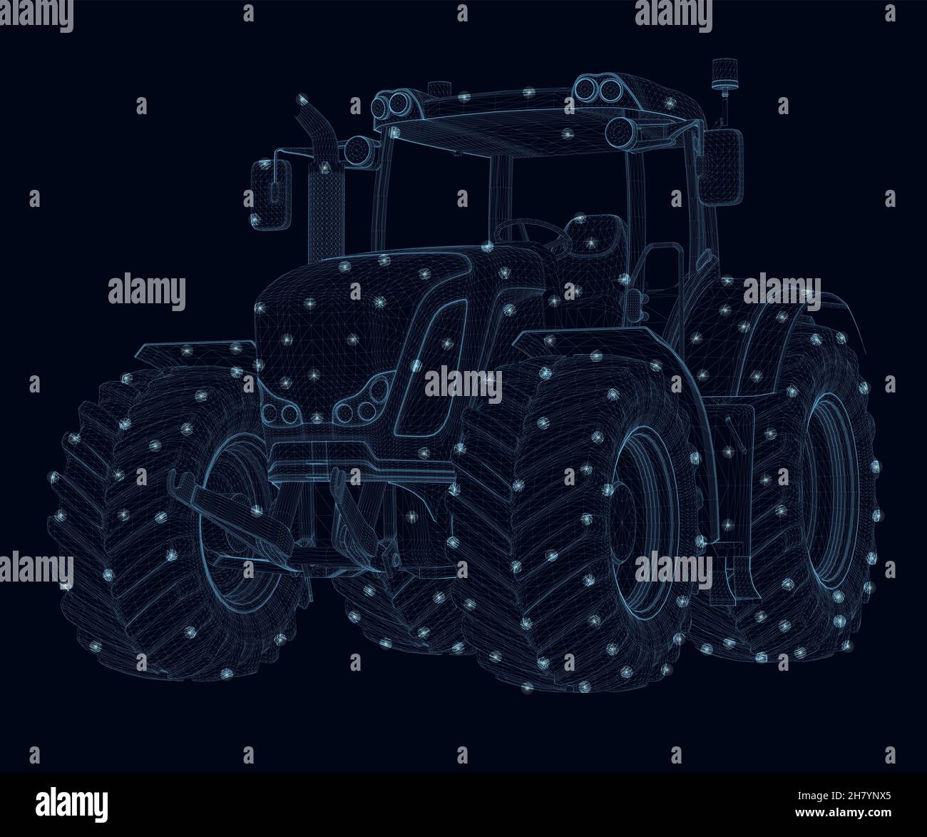 Wireframe of a large tractor made of blue lines with glowing lights ...