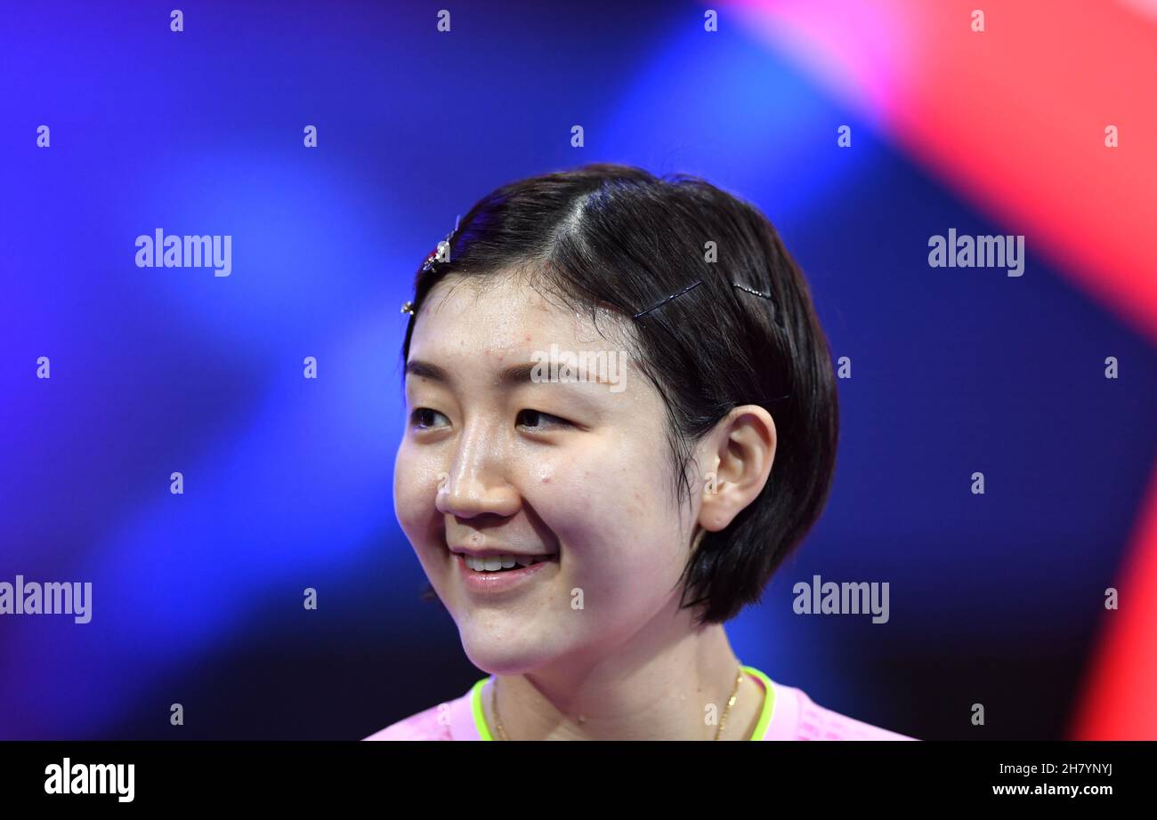Houston. 25th Nov, 2021. Chen Meng of China is interviewed after the ...