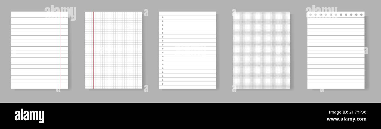 Set of realistic lined notepapers. Blank gridded notebook papers for ...