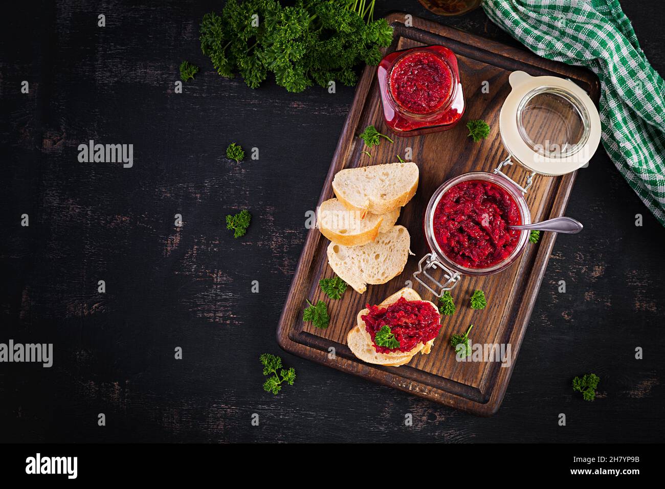 Vegetarian food. Jar with beetroot pate. Healthy eating. Sandwiches ...
